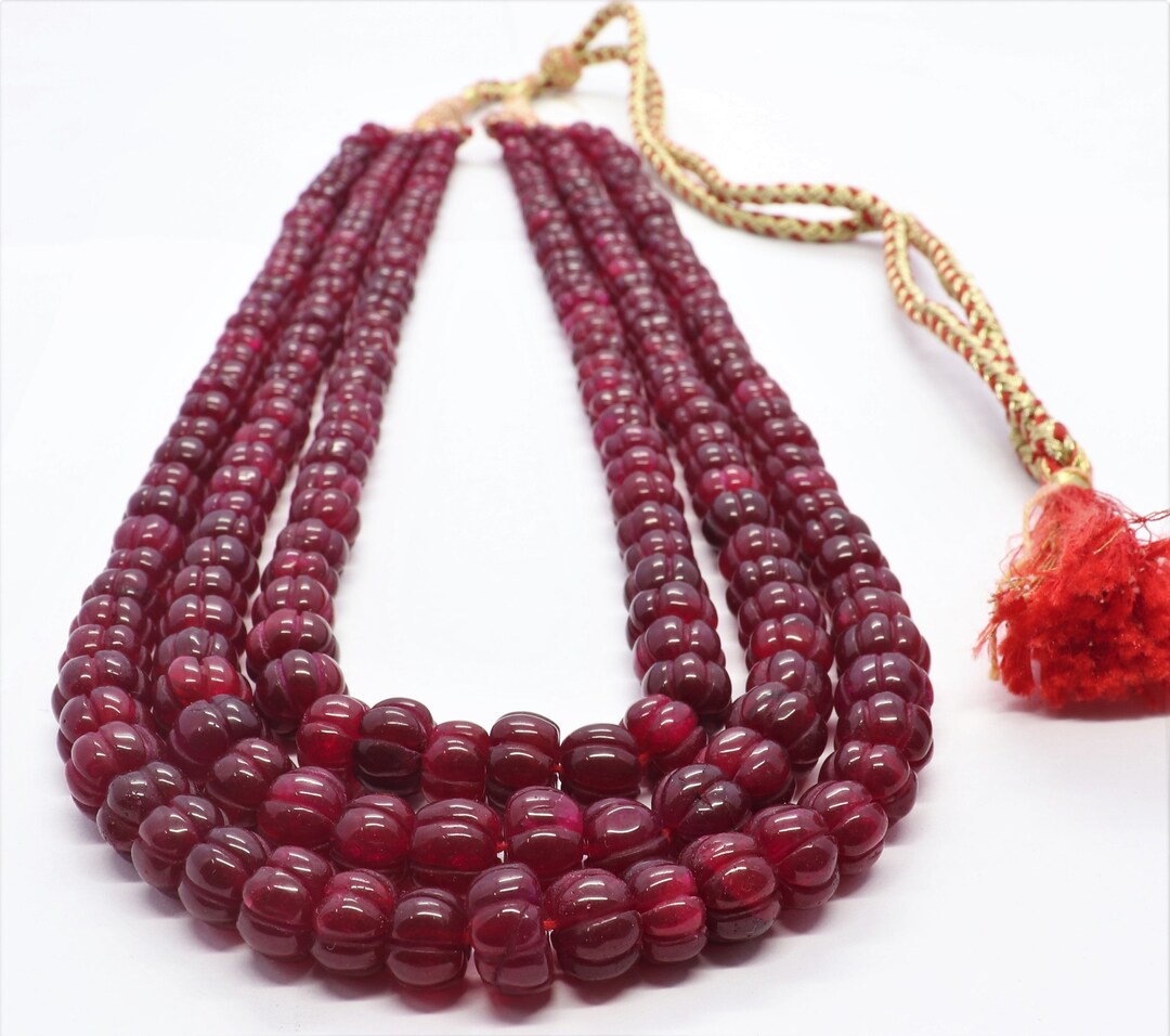3 Strand Ruby Hand Curved Watermelon Necklace, 9-11 MM Ruby Quartz ...