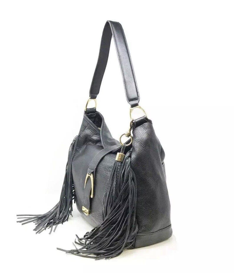 G.I.L.I A271123 Black Leather Stirrup With Fringe Hobo Women Tote Bag ...