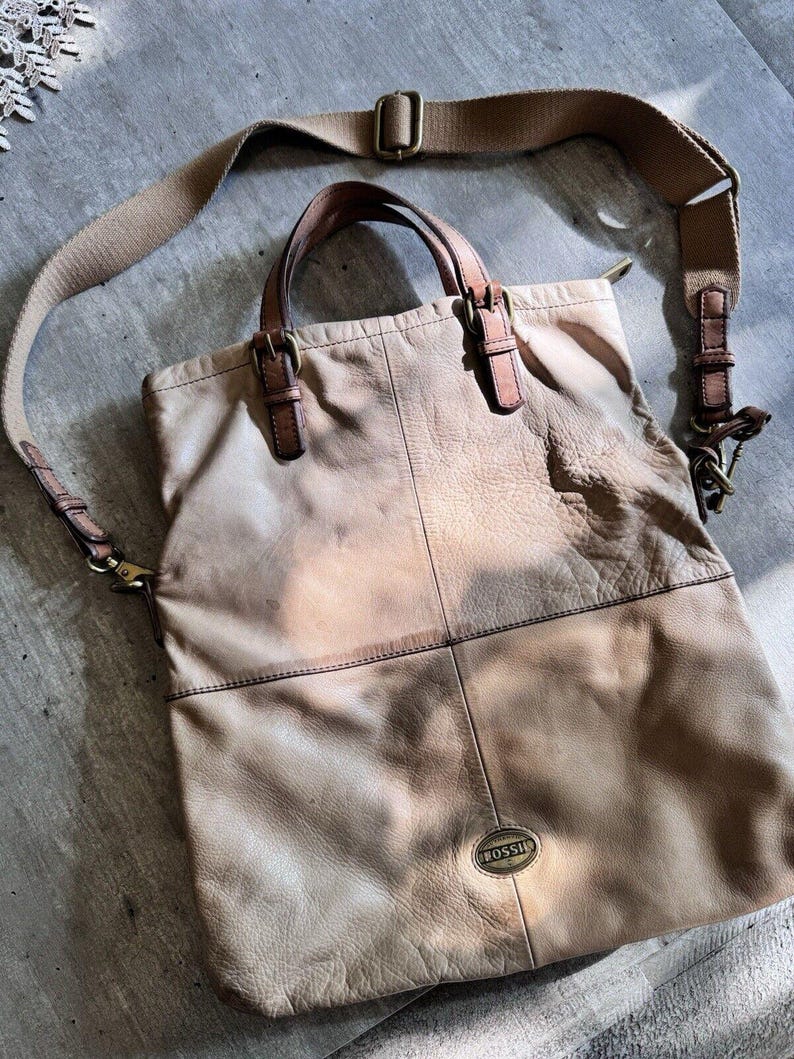 Fossil Explorer Leather Tote Pewter Foldover Messenger Bag Distressed ...