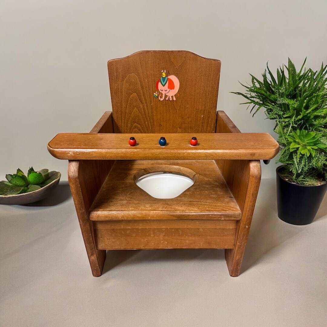 Vintage Wooden Handmade Potty Chair Seat Toilet W/ Org Elephant & Mouse ...
