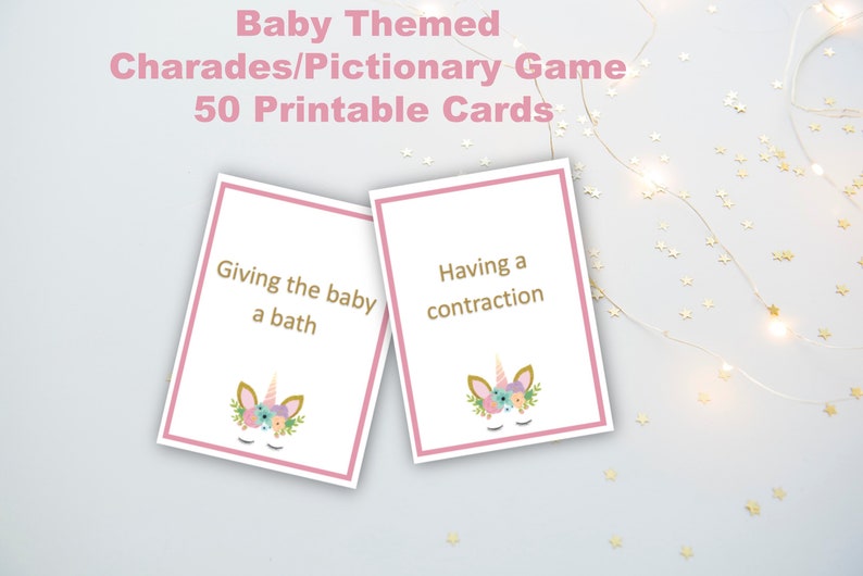 Unicorn Baby Shower, Charades Game, Pictionary Cards, Pink Baby Shower ...