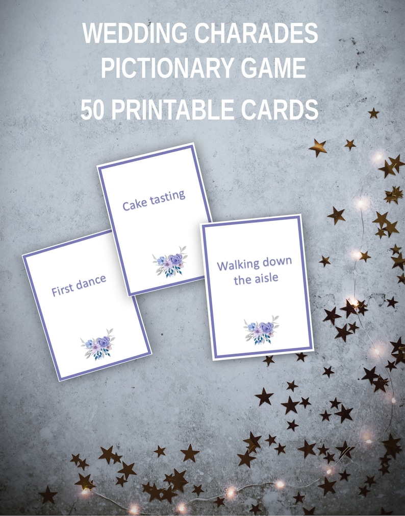 Bridal Shower Charades Pictionary Game- 50 Cards, Purple Floral ...