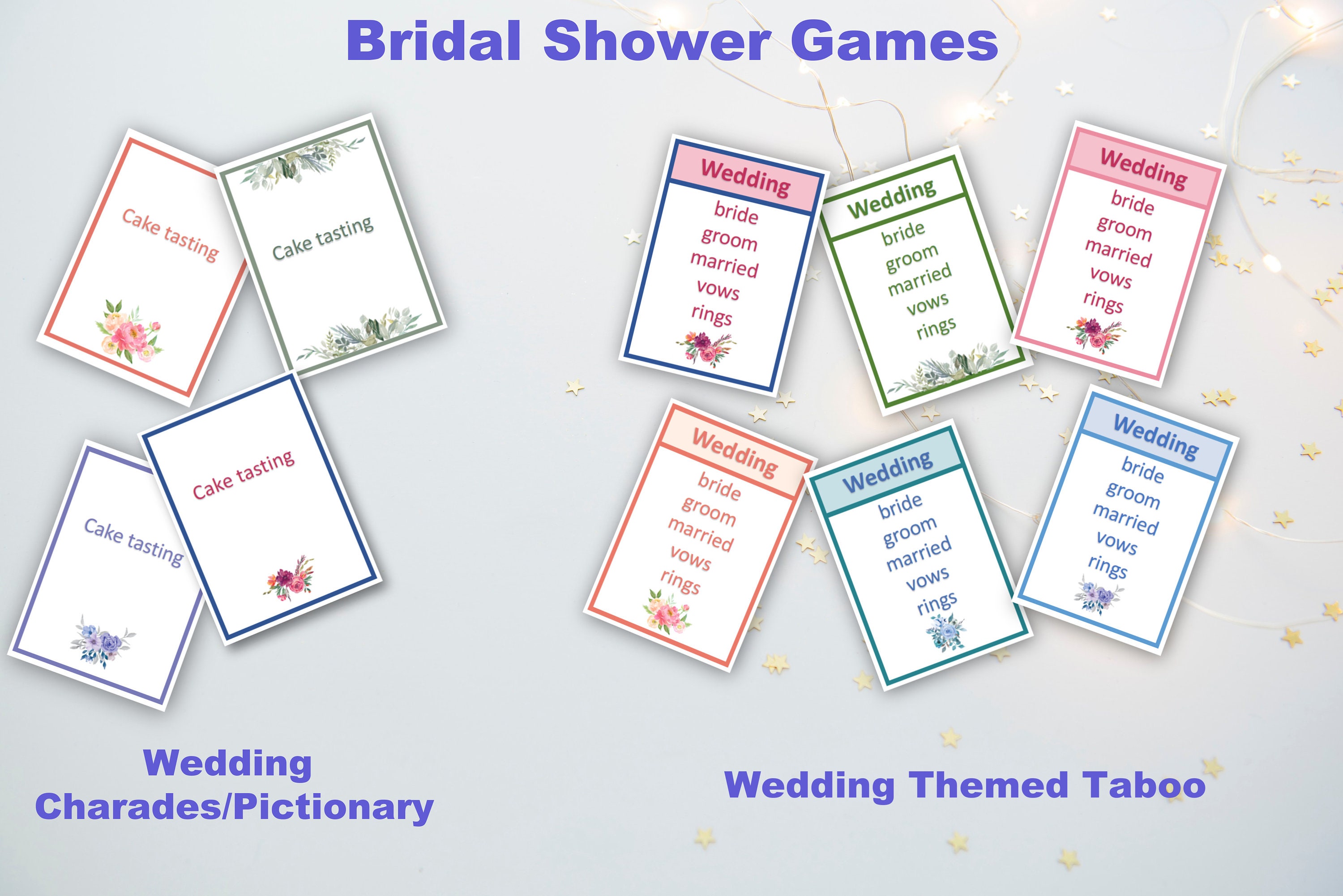 Bridal Shower Charades Pictionary Game- 50 Cards, Purple Floral ...