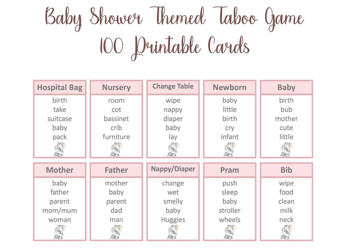 Elephant Baby Shower, Taboo Game, Pink Baby Shower Game, Girl Baby ...