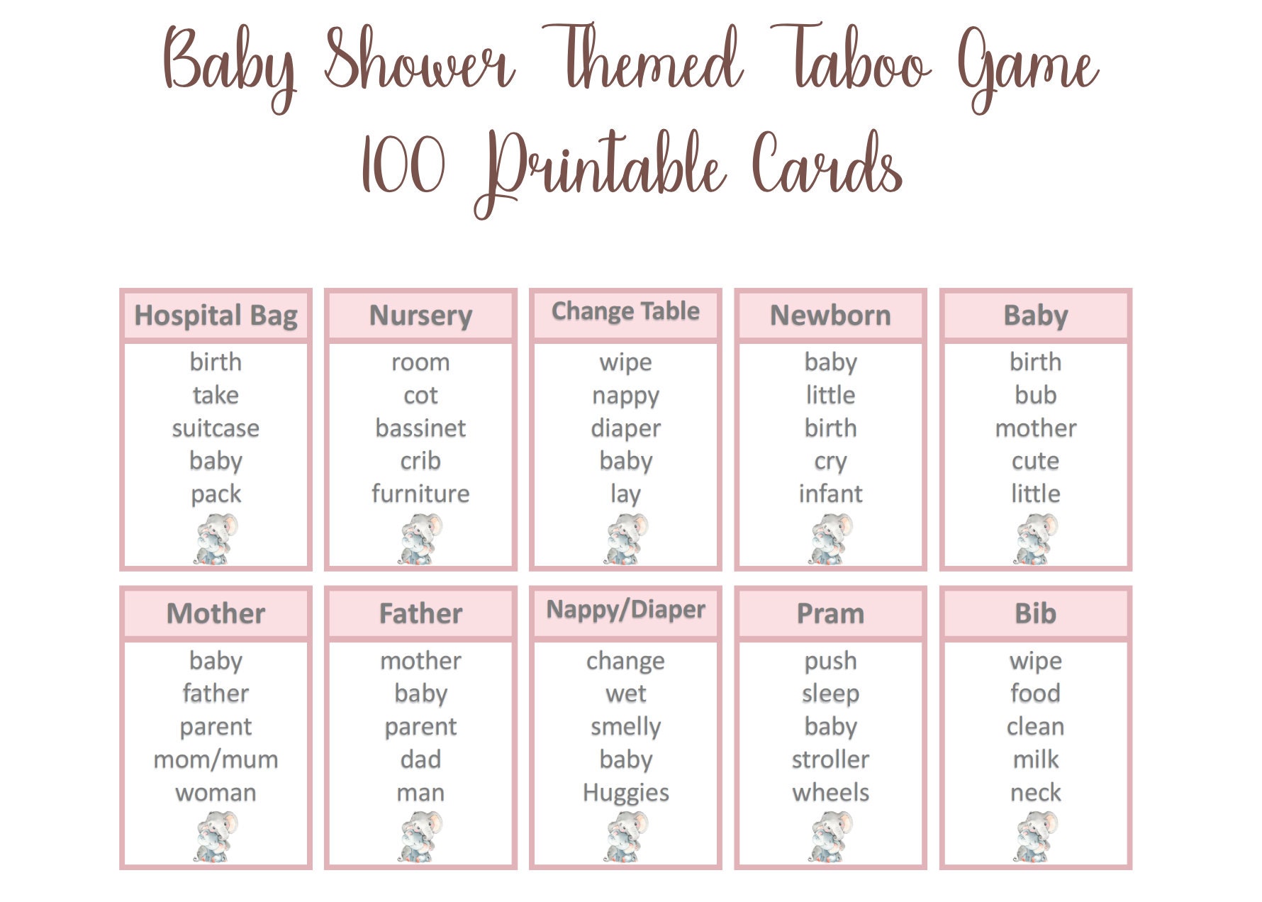 Elephant Baby Shower Taboo Game Pink Baby Shower Game Girl - Etsy