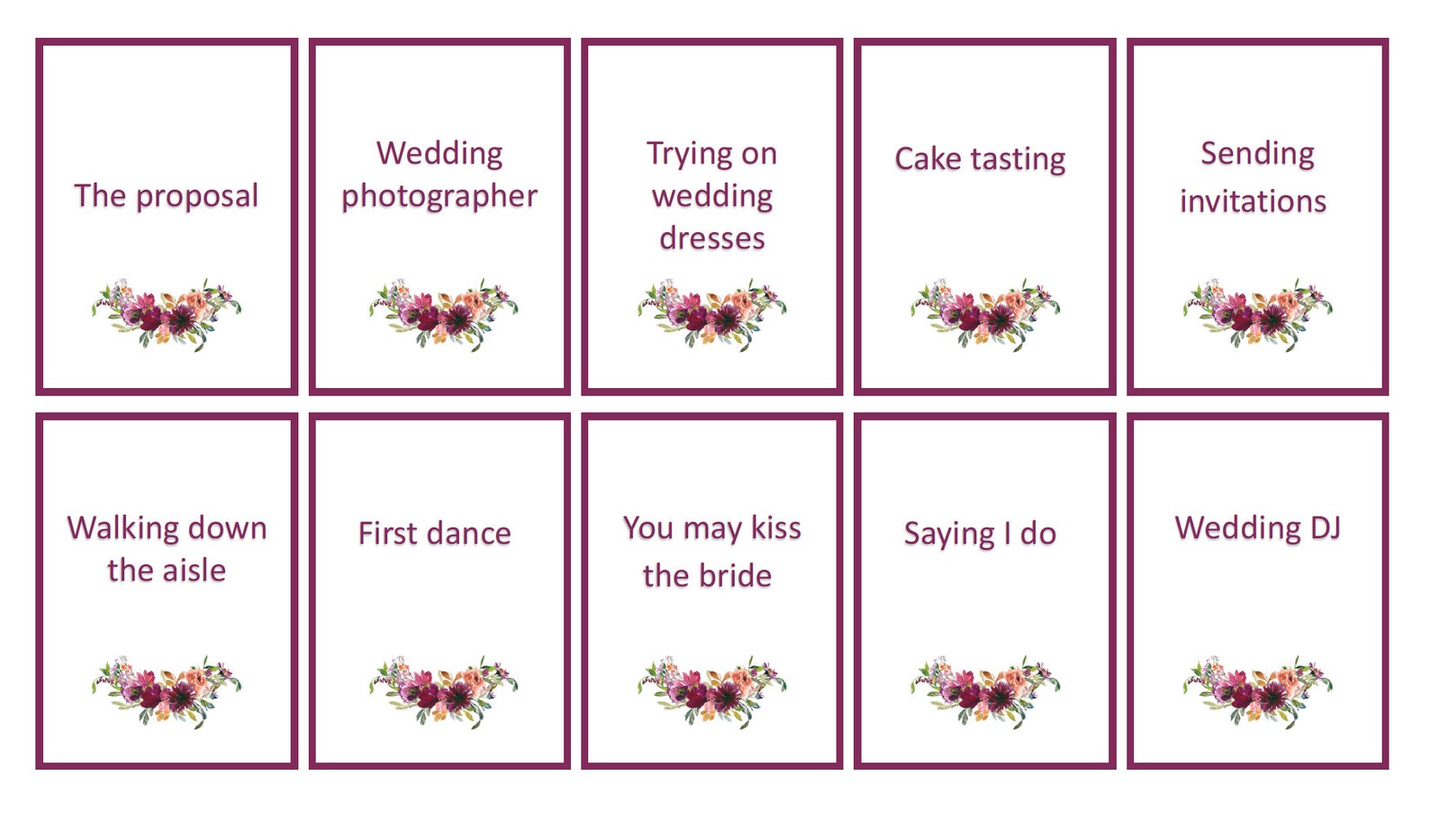 Bridal Shower Charades Pictionary Game- 50 Cards, Burgundy Floral ...