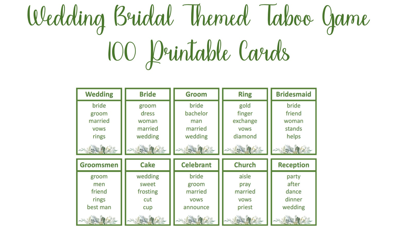Greenery Wedding Taboo Game, Unique Bridal Shower Game, Bridal Shower Taboo Game, Printable ...