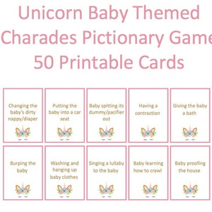Unicorn Baby Shower, Charades Game, Pictionary Cards, Pink Baby Shower ...