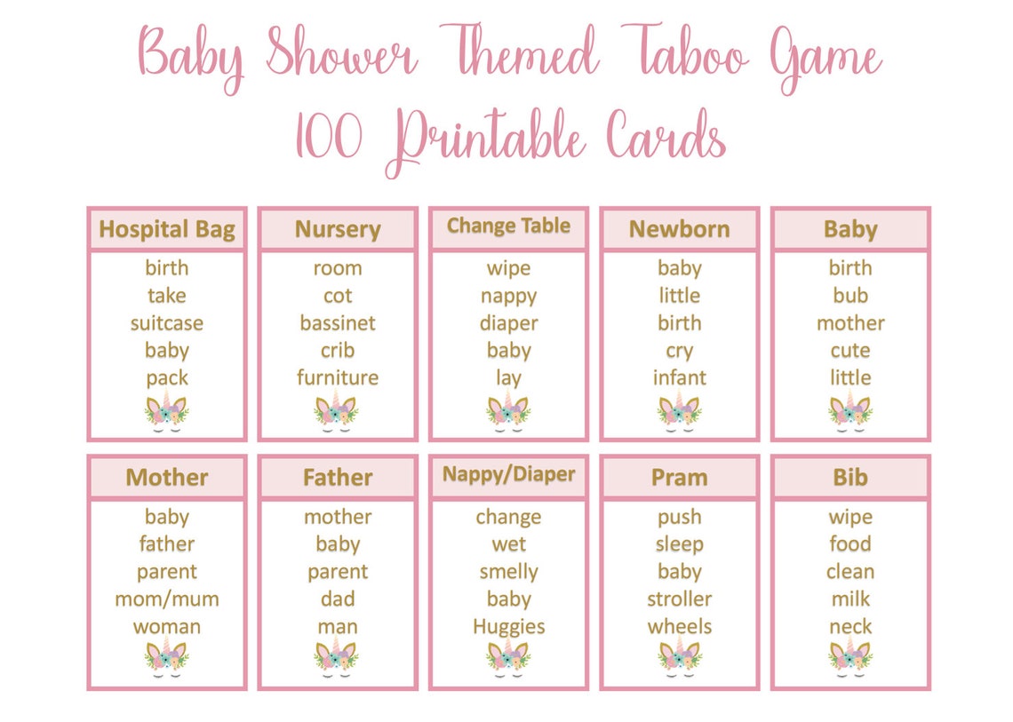 Unicorn Baby Shower, Taboo Game, Pink and Gold, Baby Girl, Instant ...