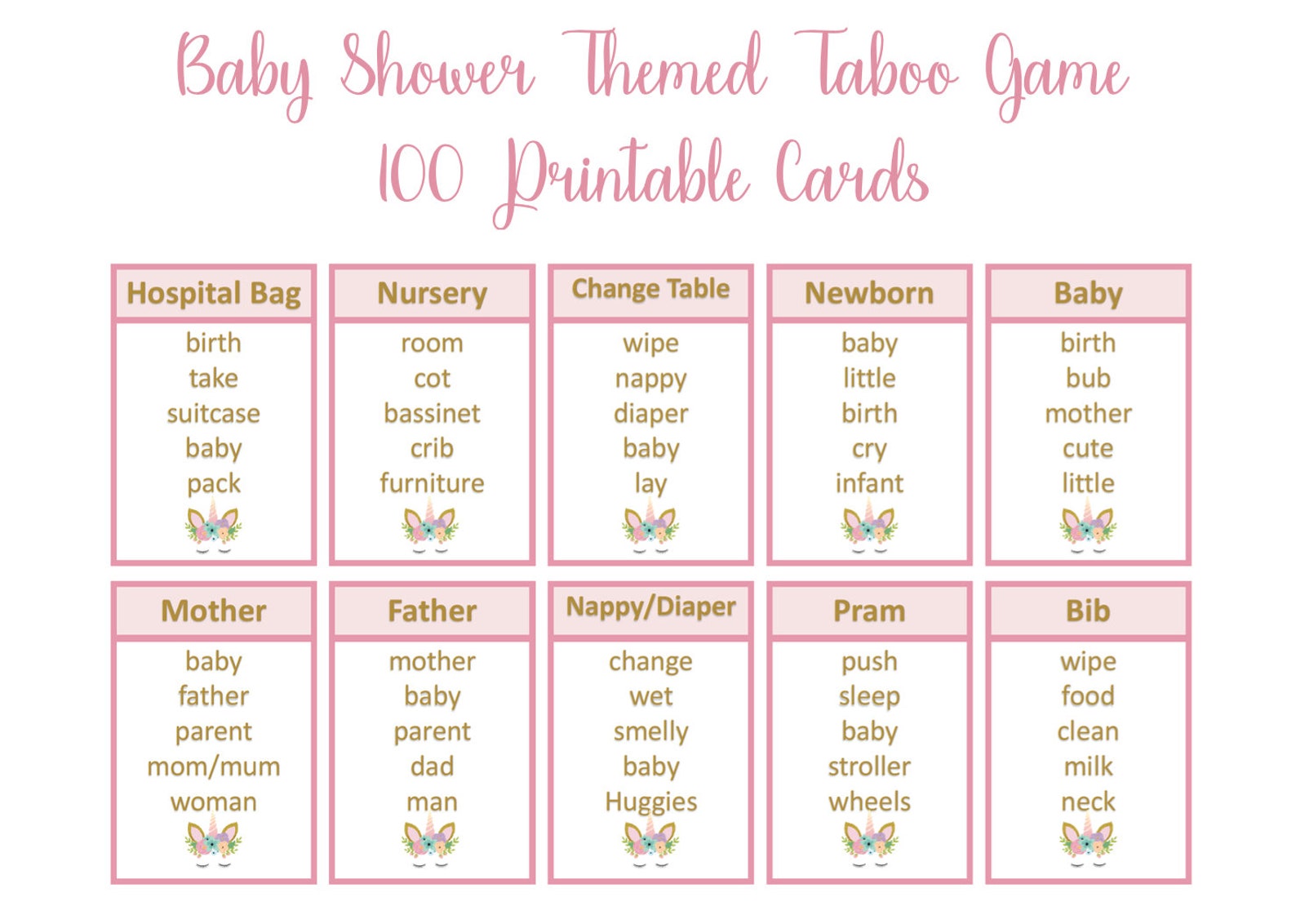 Unicorn Baby Shower, Taboo Game, Pink and Gold, Baby Girl, Instant ...