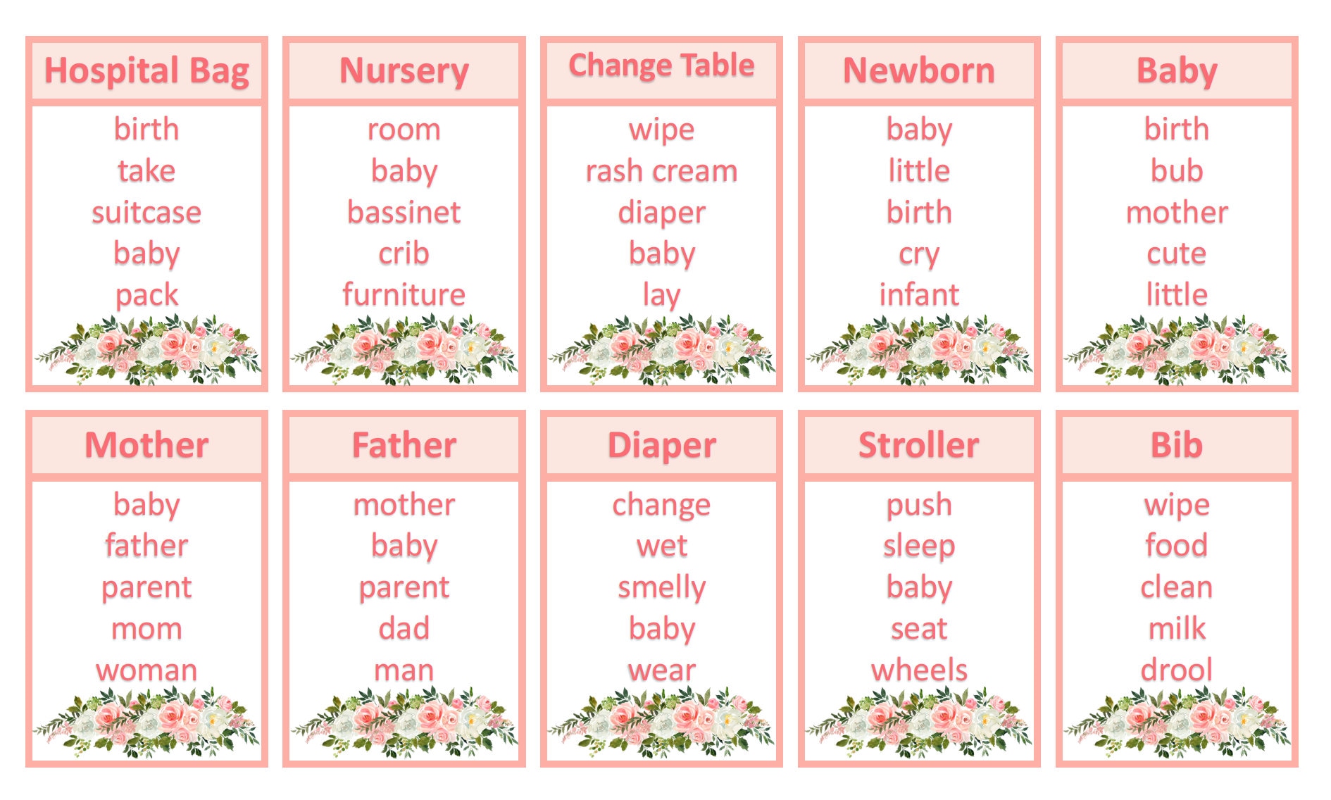 Peach Floral Baby Shower Taboo Game, Baby Themed Taboo Cards, Girl Baby ...