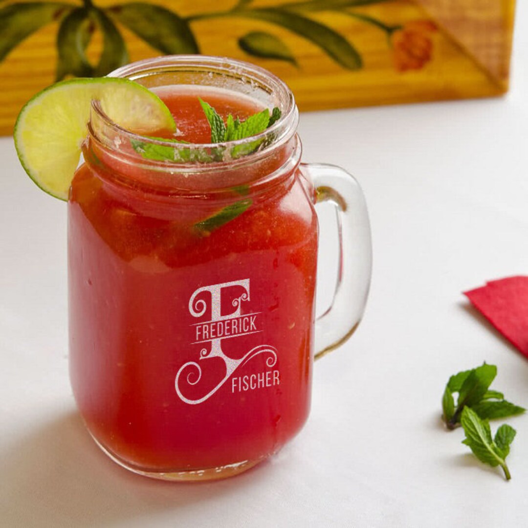 Custom Mason Jar With Handle 16 Oz, Monogram Laser Engraved Name Mason ...