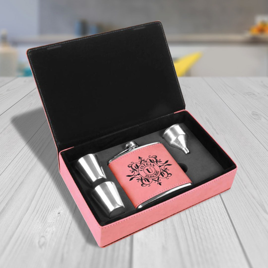 Personalized Flask Gift Set Pink Leatherette Box, Custom Leather Flask ...