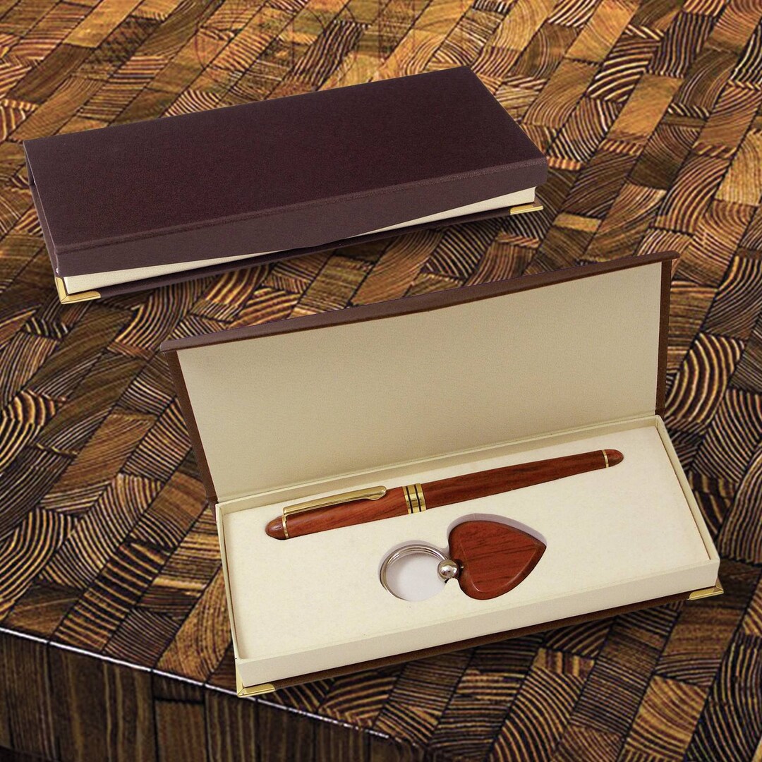 Personalized Pen Set, Customized Rosewood Heart Shaped Key Ring and Pen ...