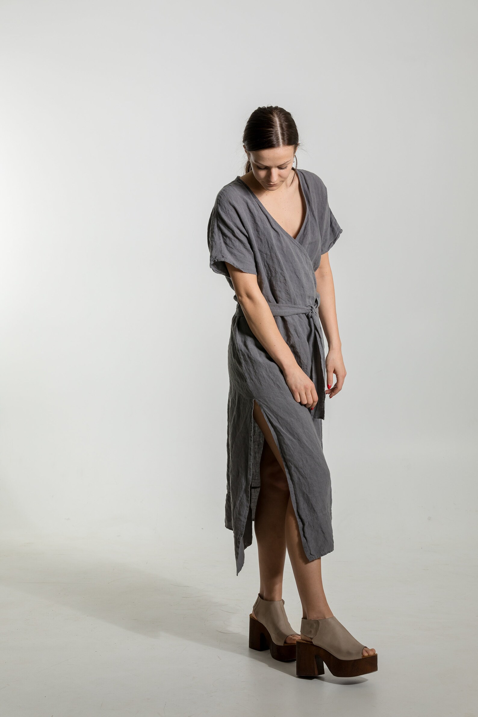 Linen Dress EMILY. Line Wrap Dress With Pockets Shirt Sleeves | Etsy