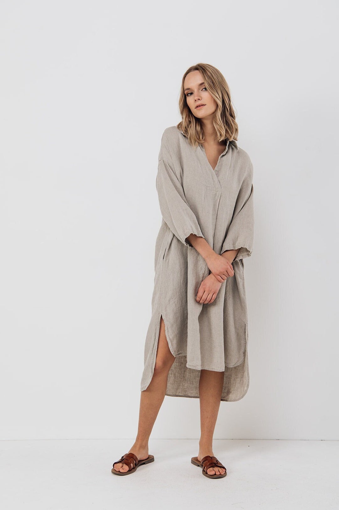 Linen Tunic Dress SIMPLE . Midi Dress With Pockets - Etsy