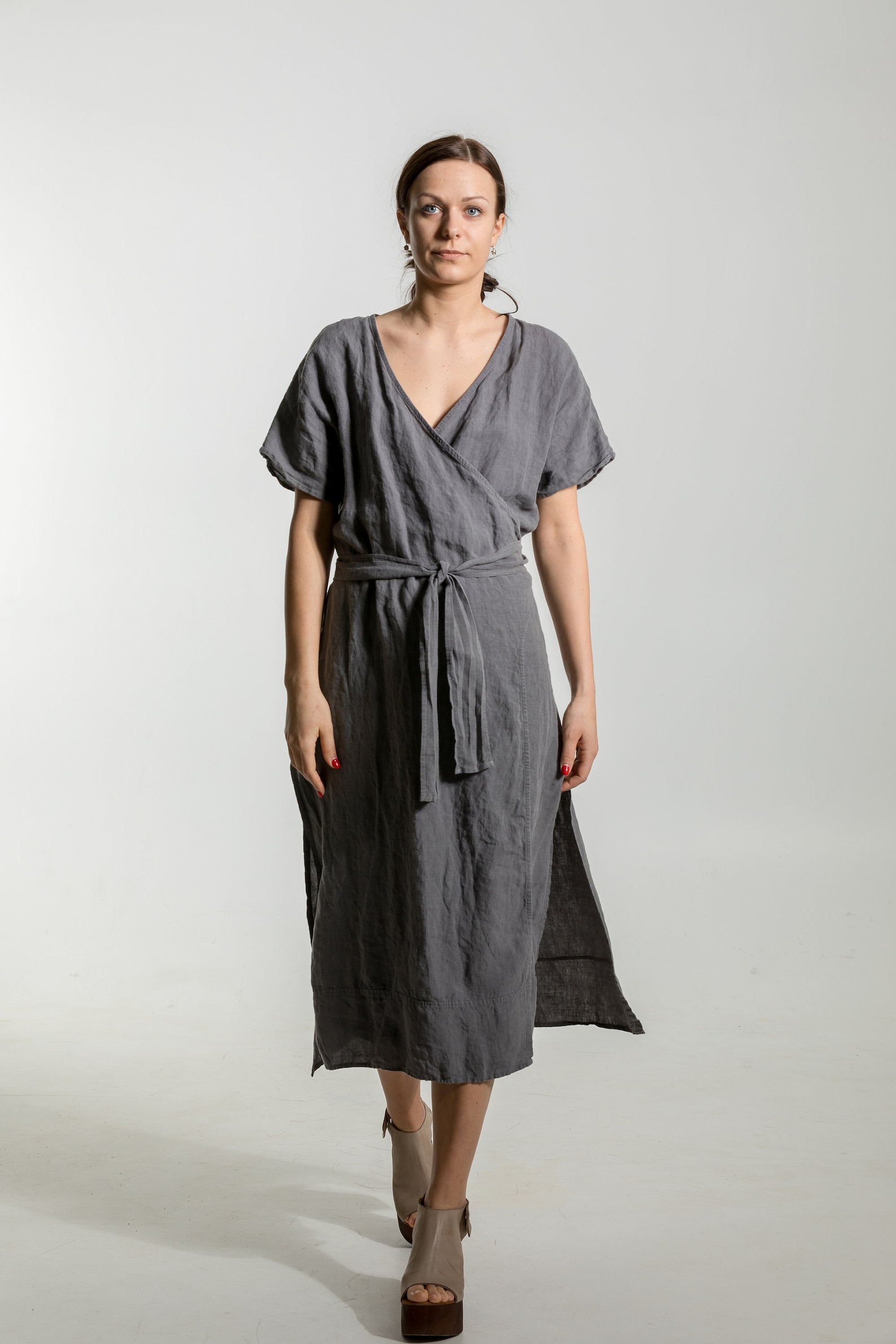 Linen Dress EMILY. Line Wrap Dress With Pockets Shirt Sleeves | Etsy