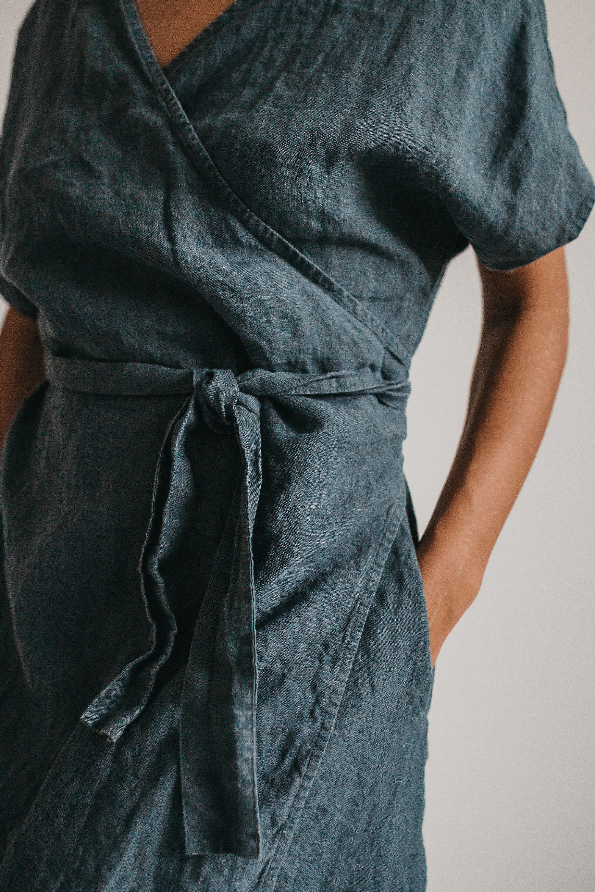 Linen Wrap Dress EMILY. Loose Wrap Linen Dress With Pockets, Short ...