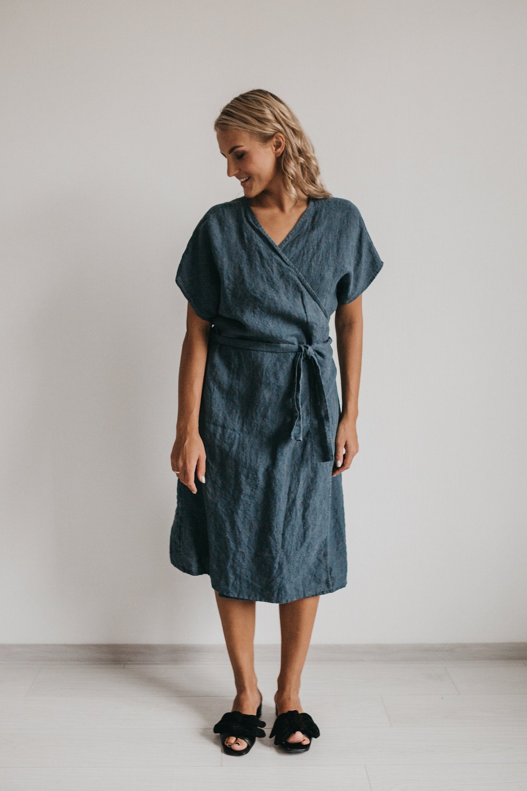 Linen Wrap Dress EMILY. Loose Wrap Linen Dress With Pockets, Short ...