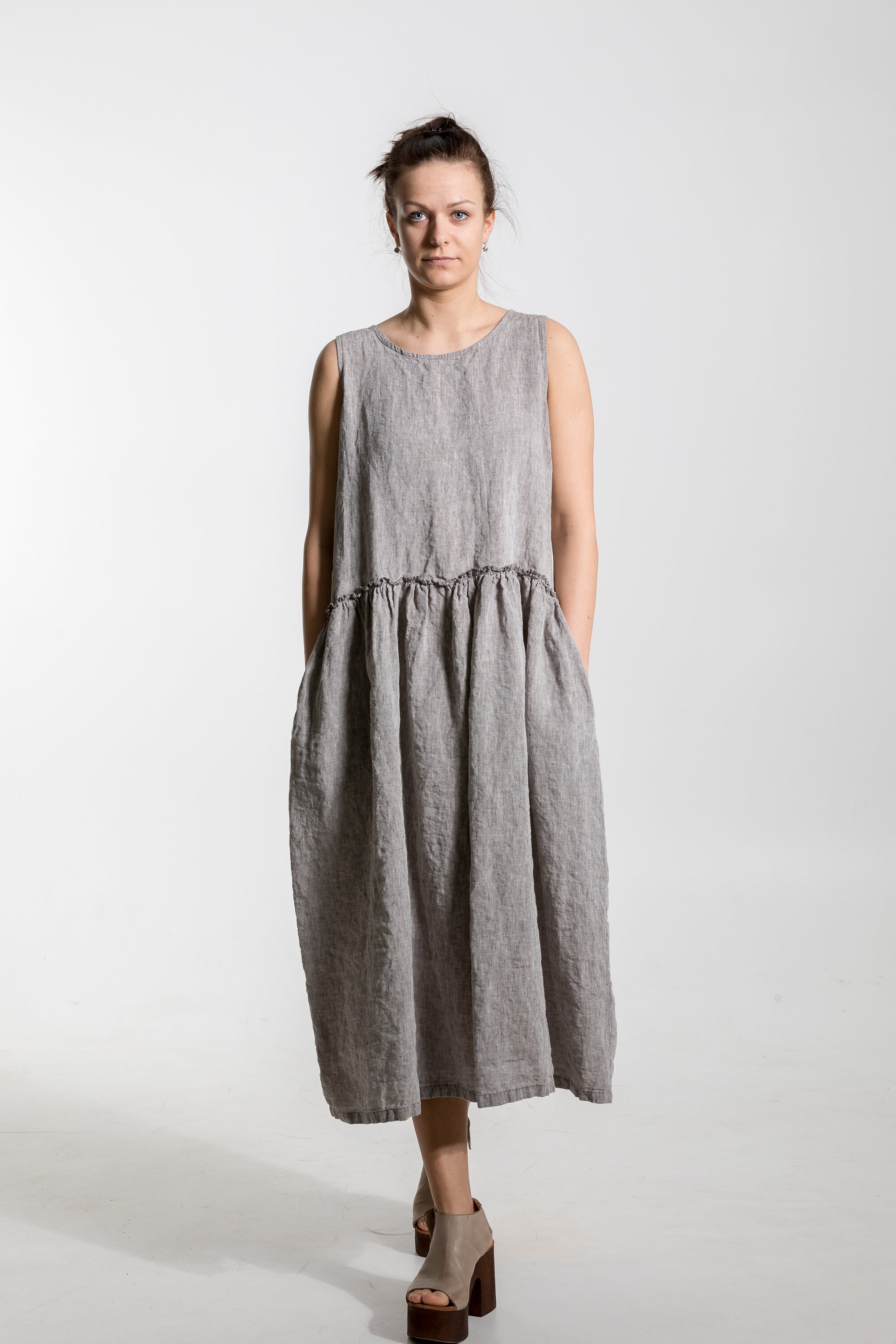 Linen Dress SUSAN. Grey Linen Dress. Ruffle Waist Linen Dress. Linen ...