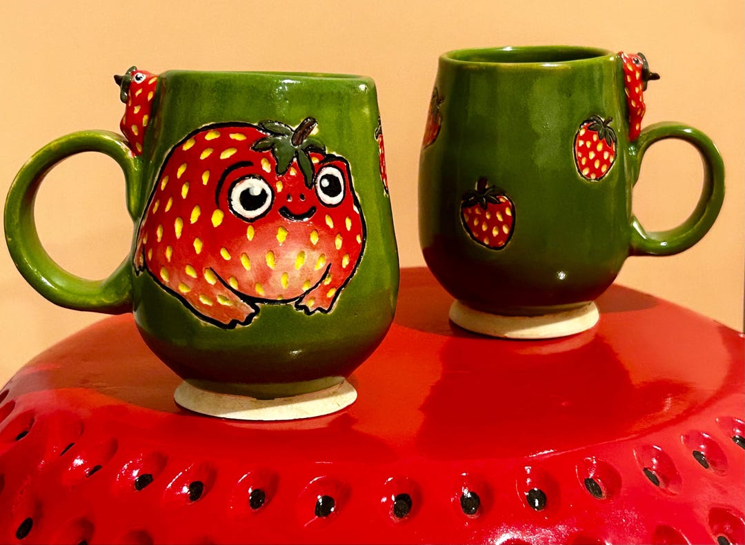 Unique Cottagecore Ceramic Mug With Strawberry Frog Art & Green Glaze ...