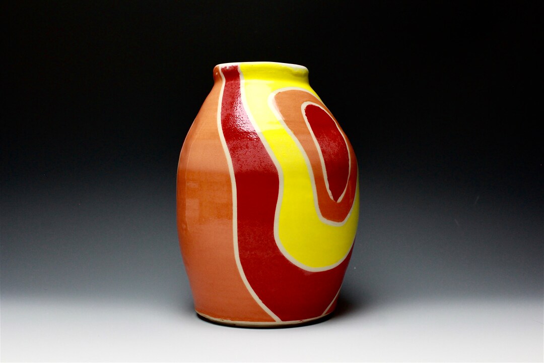 Handmade Pottery Vase, Retro Ceramic Vase, Red/yellow/orange Topography ...