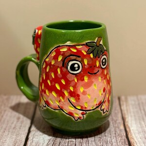 Strawberry Frog Mug | Cottagecore Green Ceramic Cup | Hamdmade Kawaii ...
