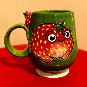 Strawberry Frog Mug | Cottagecore Green Ceramic Cup | Hamdmade Kawaii ...