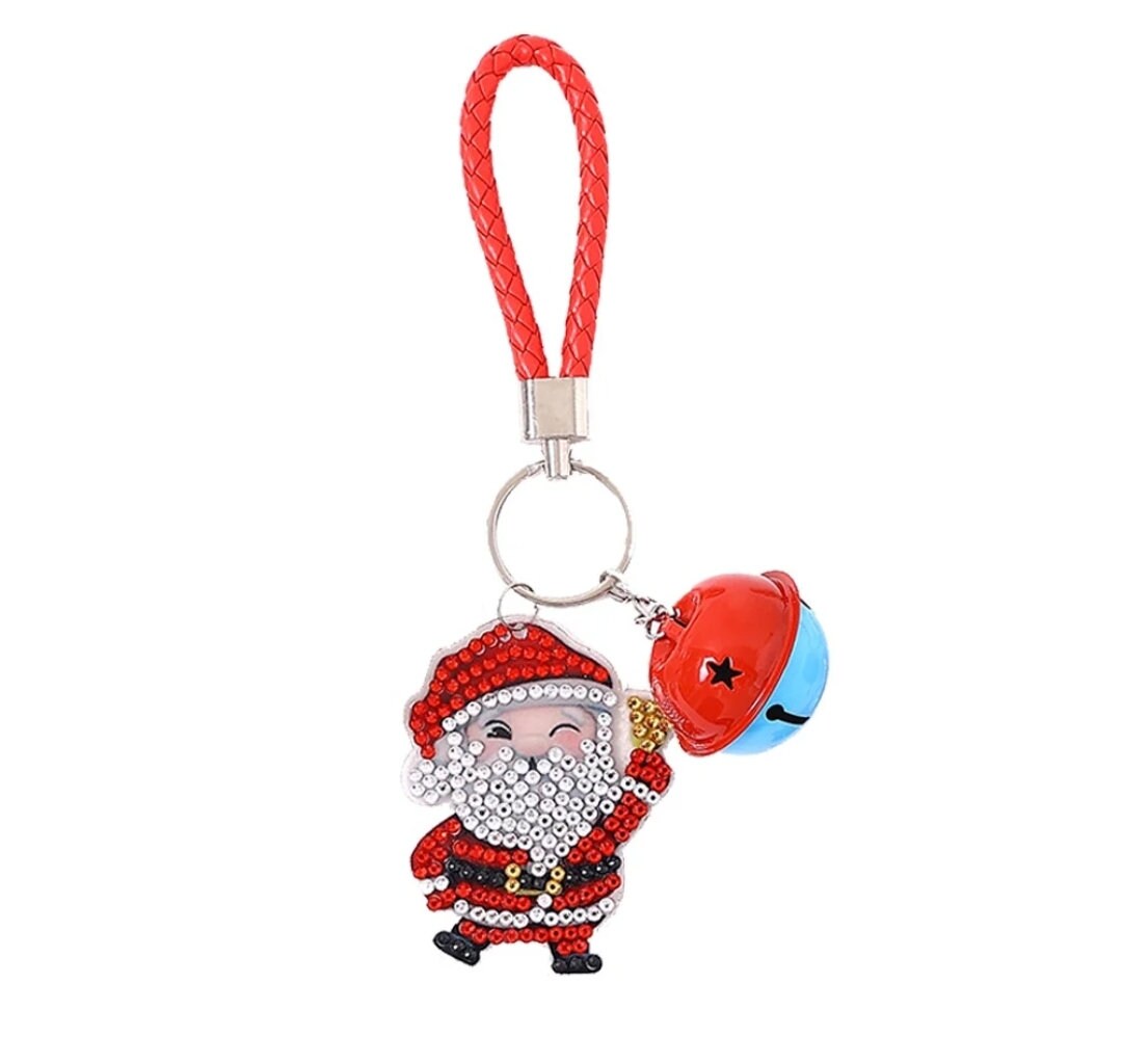 DIY Diamond Painting Santa Key Ring With Red and White Bell, Key Chain ...