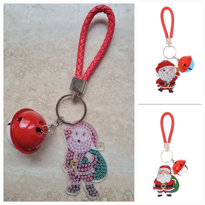 DIY Diamond Painting Santa Key Ring With Red and White Bell, Key Chain ...