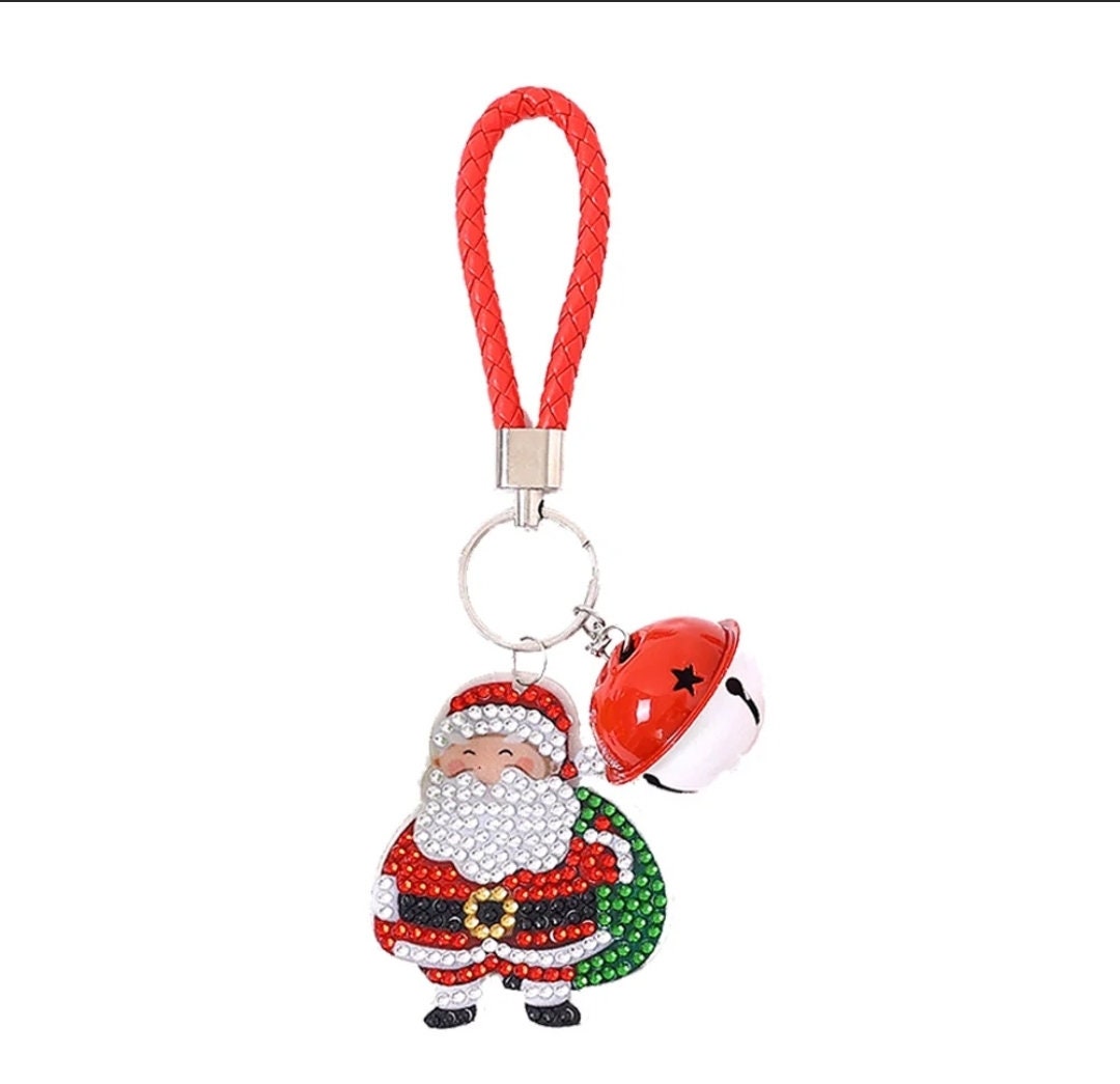 DIY Diamond Painting Santa Key Ring With Red and White Bell, Key Chain ...