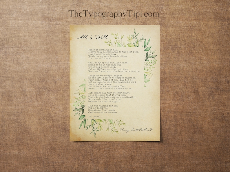 All is Well Funeral Poem Henry Scott Holland Bereavement - Etsy Australia