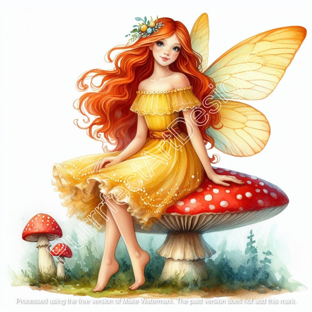 5 Beautiful Ginger Fairies in Yellow Dresses Clip Art, Digital Art ...