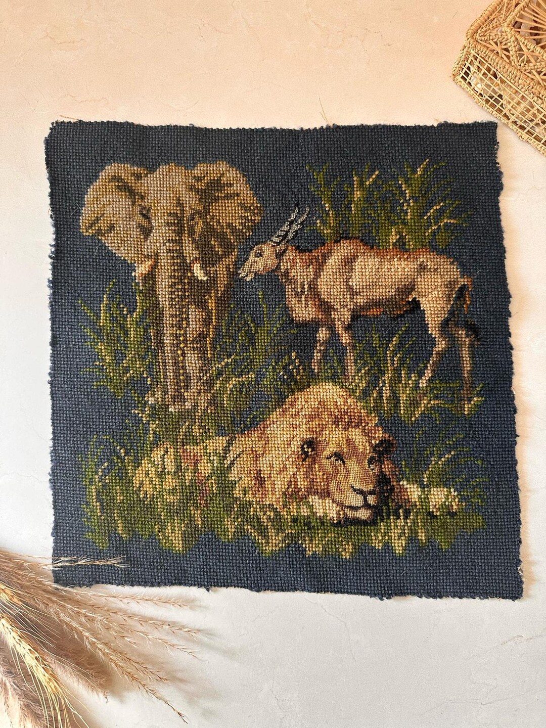 Vintage Handmade Safari Animal Needlepoint Unframed - Etsy