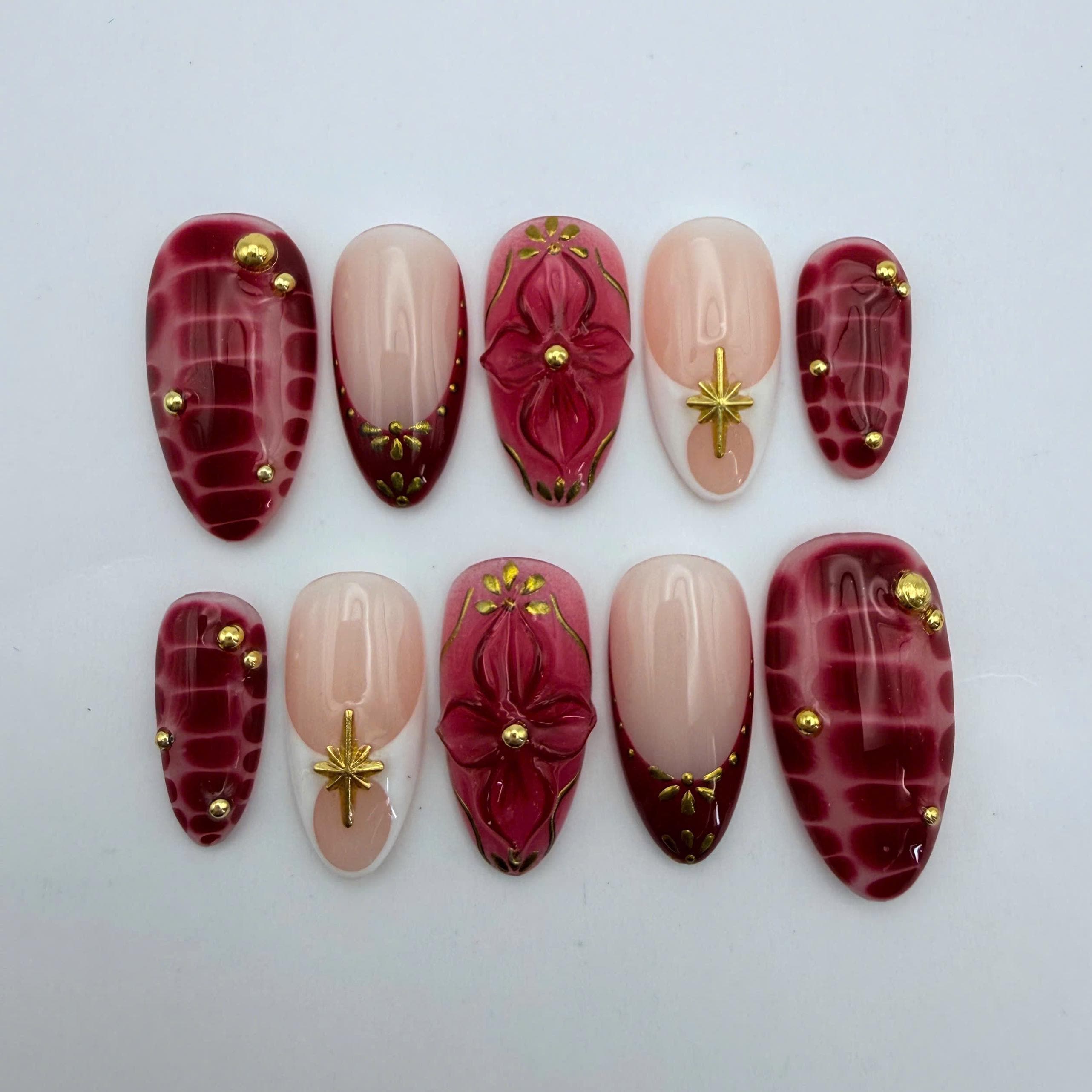 Deep Red With 3D Flower and Gold Press on Nails - Textured Animal Print ...