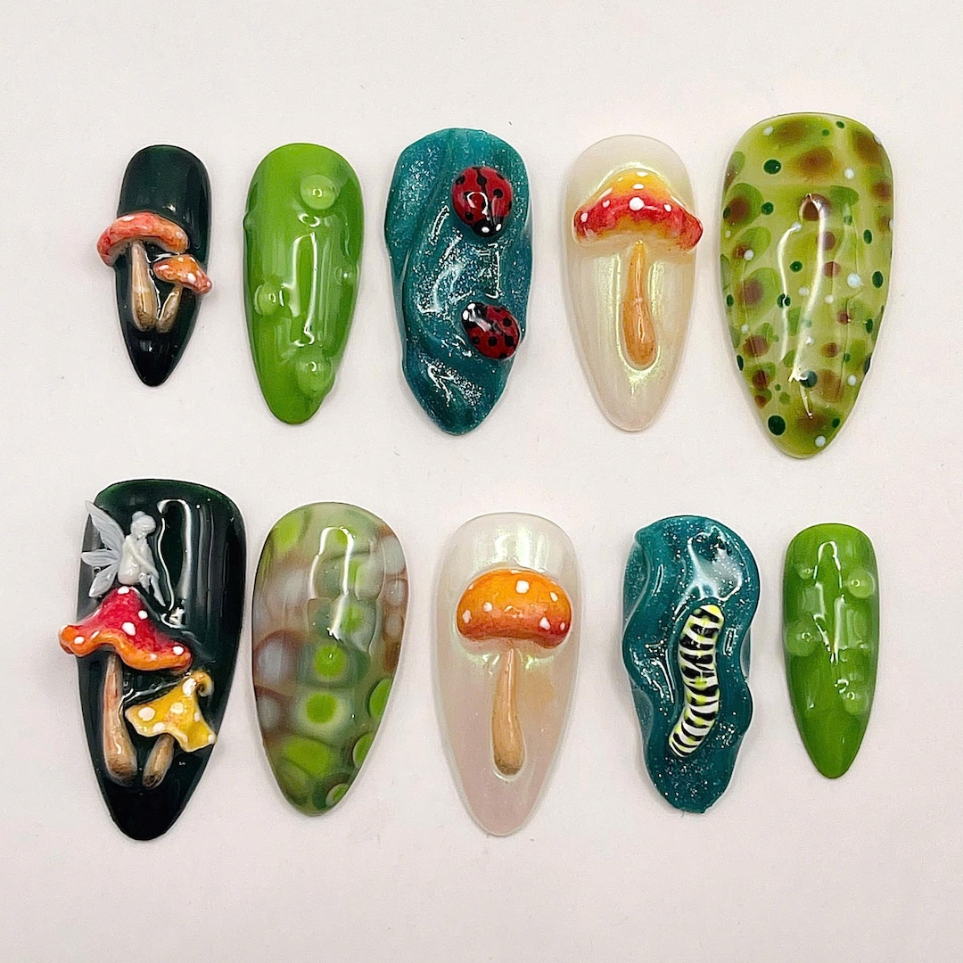 Mushroom 3D Spring Press on Nails - Ladybug Worm Garden Handmade ...