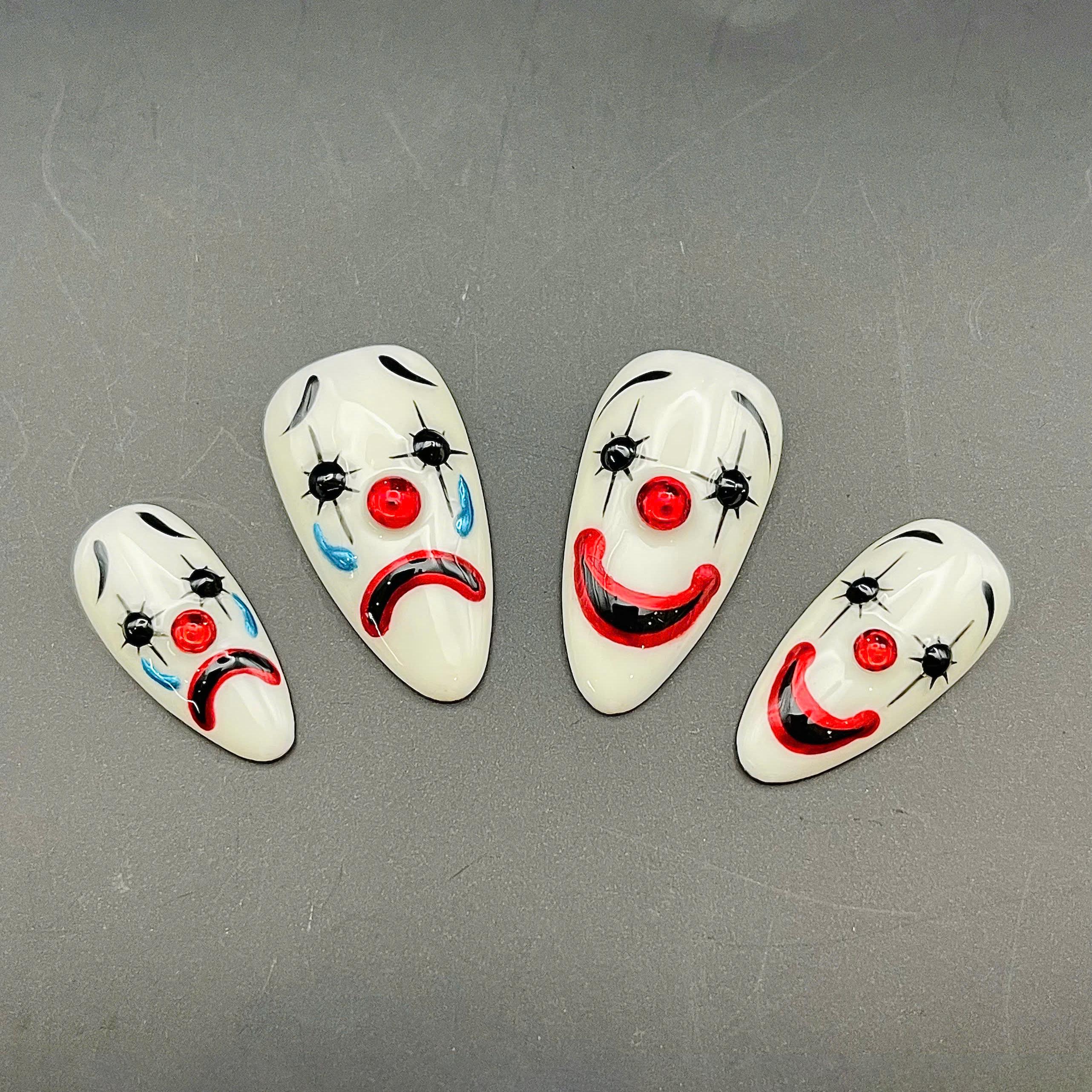 3D Moody Circus Clown Press on Nails - Spooky Happy & Sad Clowns French ...