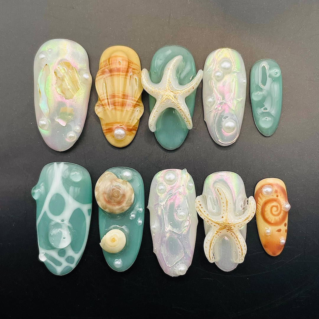 Ocean-inspired Press on Nails - Stunning Beach Theme With 3D Seashells ...