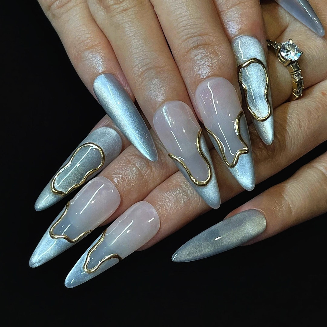 White Cat Eye Gold Chrome French Press-on Nails - Beautiful Luxury Fake ...
