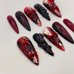 Handmade Spider Lilly Dark Red 3D Press on Nails - Flower Reusable Fake ...