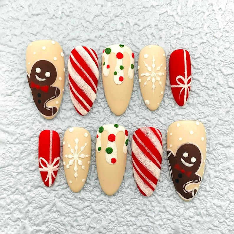 Christmas Snowflake Gingerbread Man Press on Nails - Candy Cane Custom ...