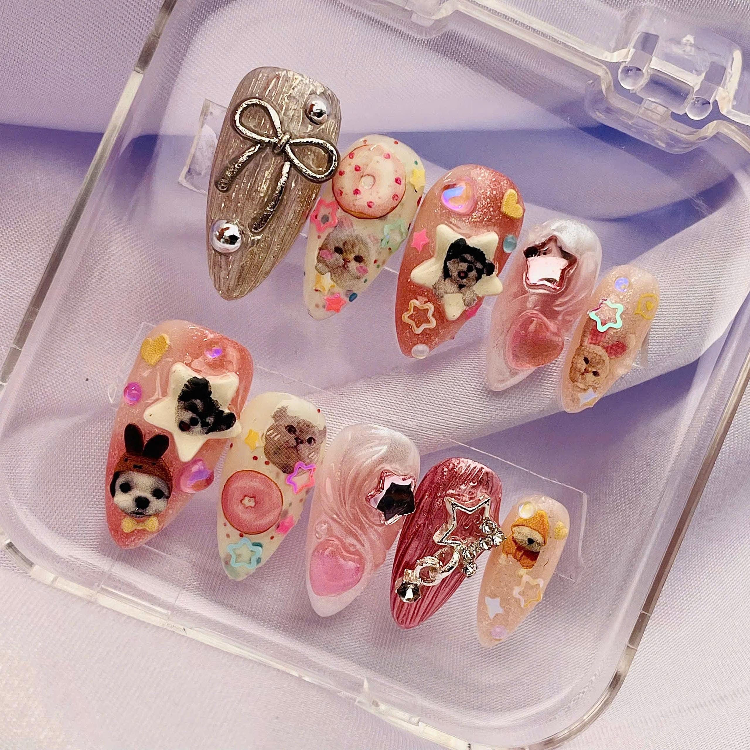 Handmade "the Cuties" Kawaii Cats & Dogs Lovers Press on Nails ...