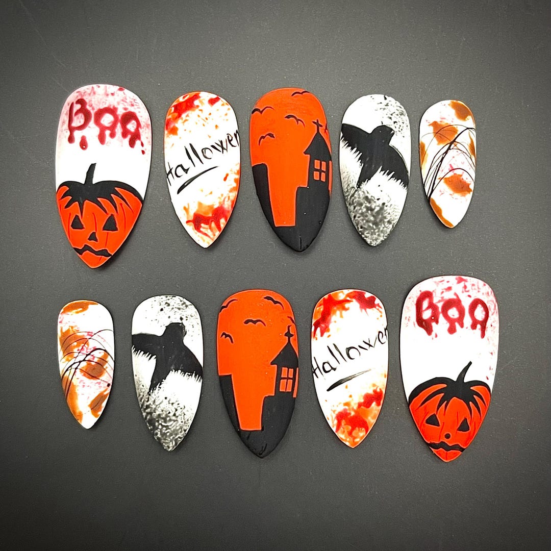 Halloween Pumpkin Bloody Crow Press on Nails - Boo Spooky Orange ...