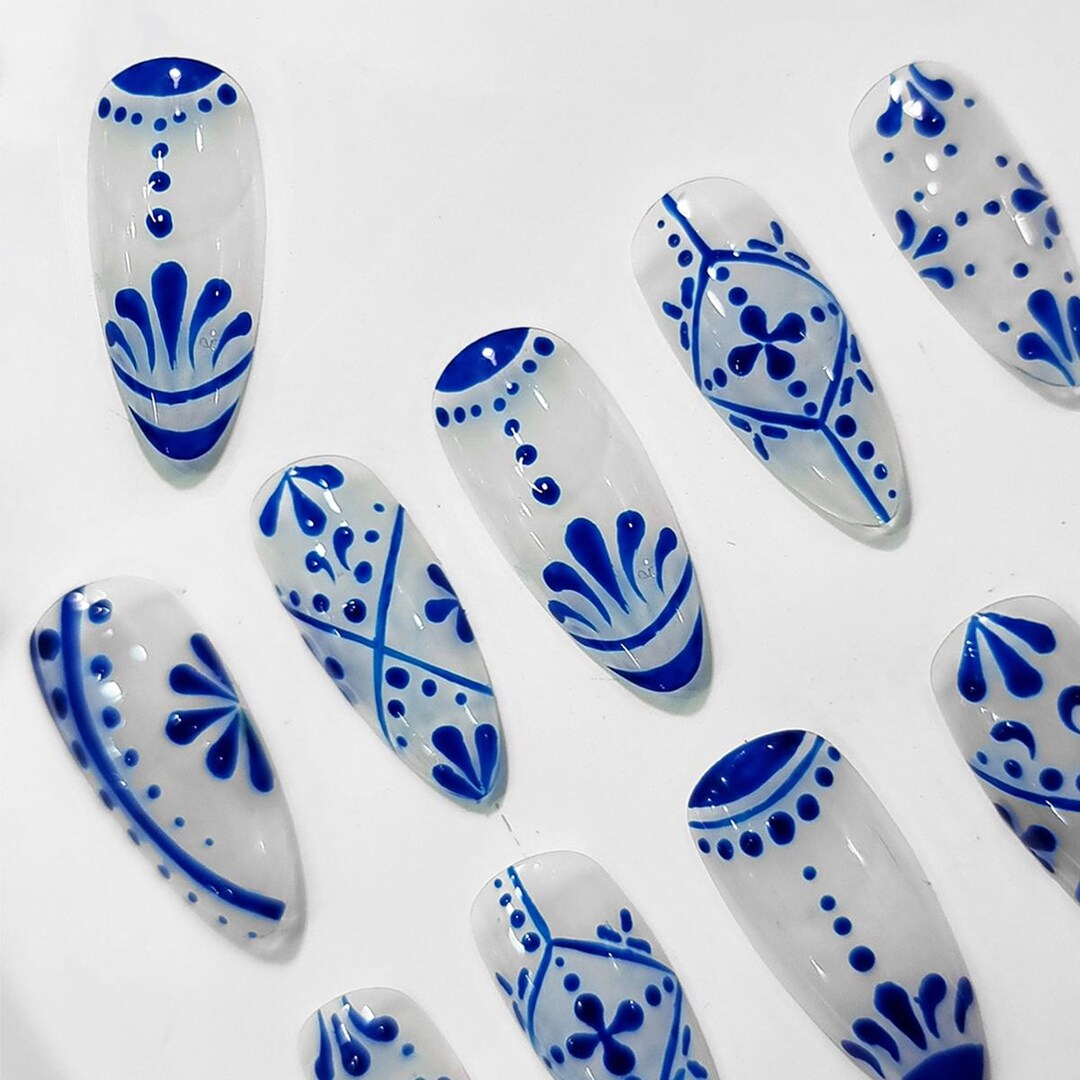 Handmade Porcelain Blue Press on Nails - Spanish Tile Ceramic Fake ...