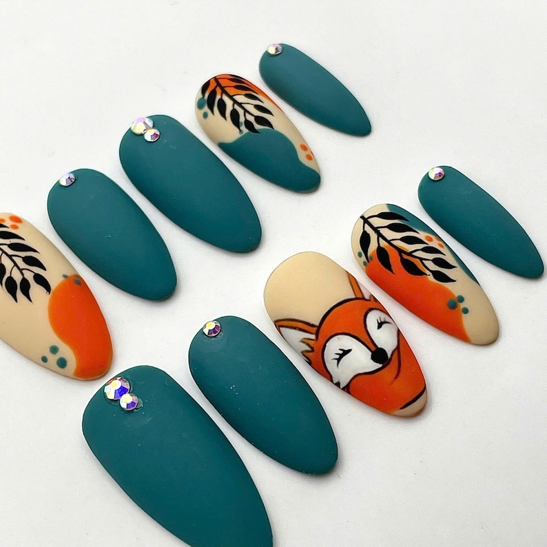 Handpainted Fox Nails | Autumn Fall Themed Press on Nails | Handmade ...