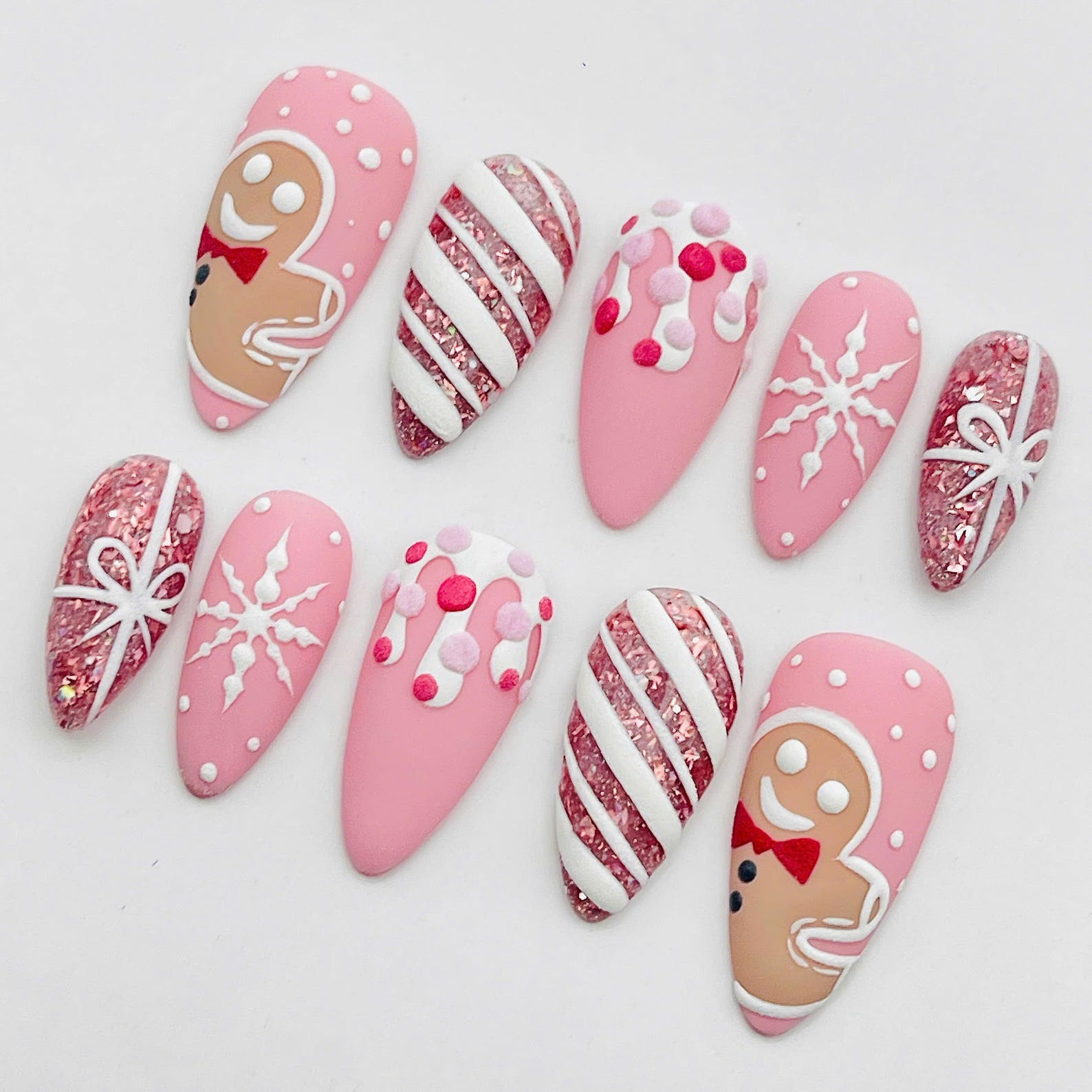 Christmas Pink Snowflake Gingerbread Man Press on Nails - Candy Cane ...
