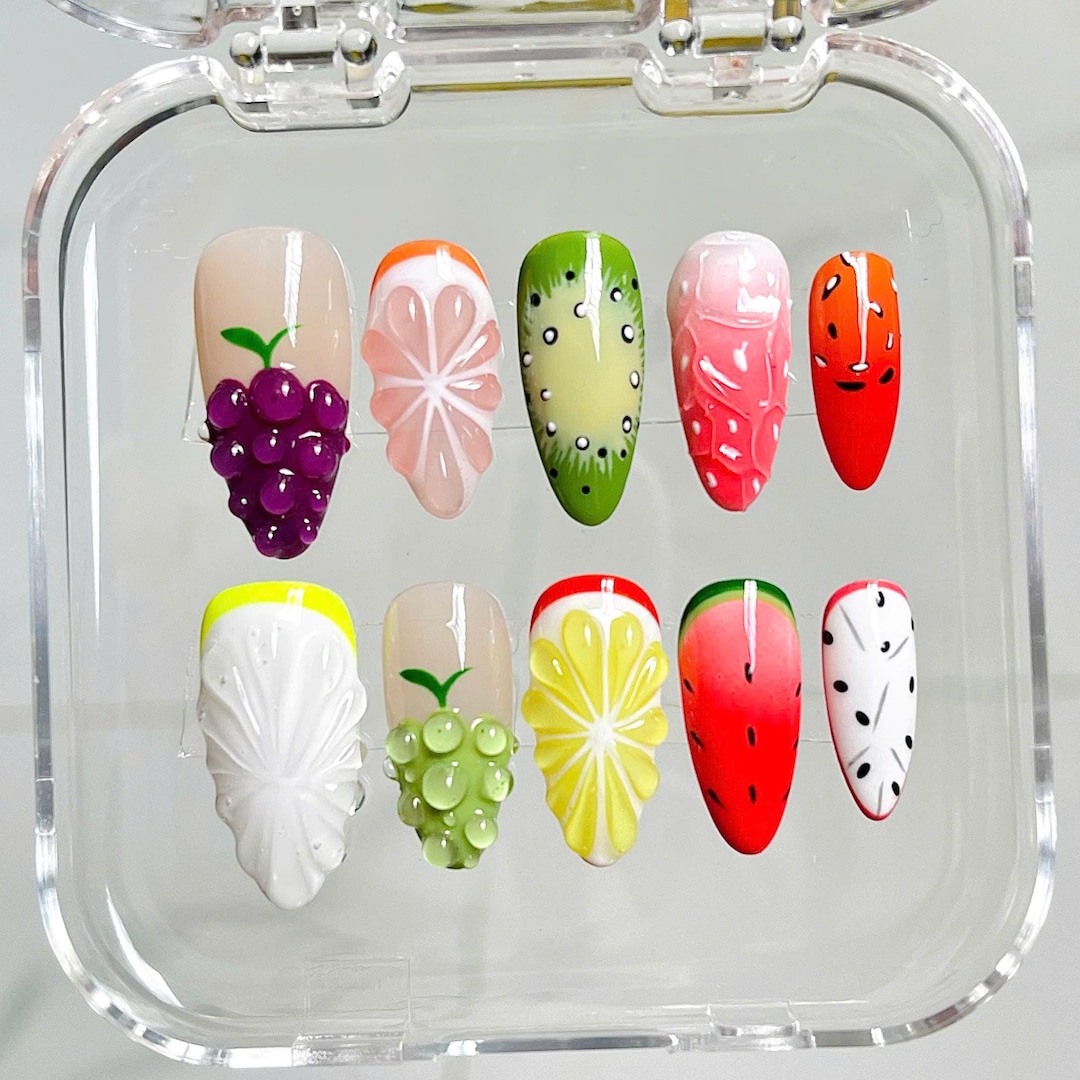 Handmade Colorful Fruit Press on Nails - 3D Reusable Fingernails ...
