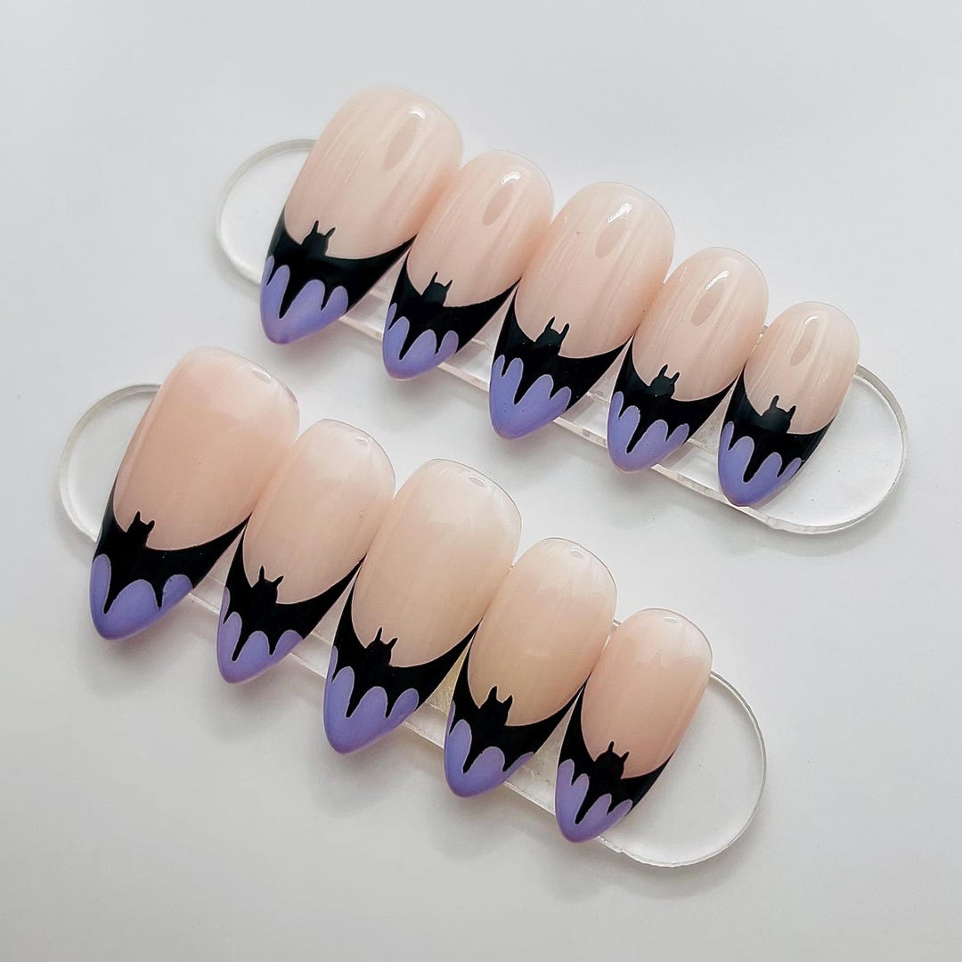 Halloween Bat French Tip Press on Nails - Purple Handmade Reusable ...