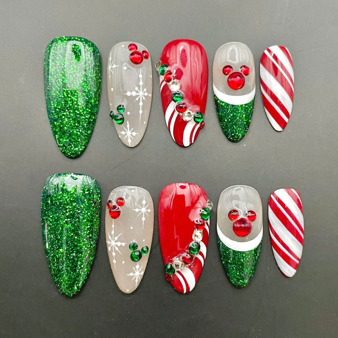 Christmas Glitter Mouse Ears Press on Nails - Handmade Red & Green ...