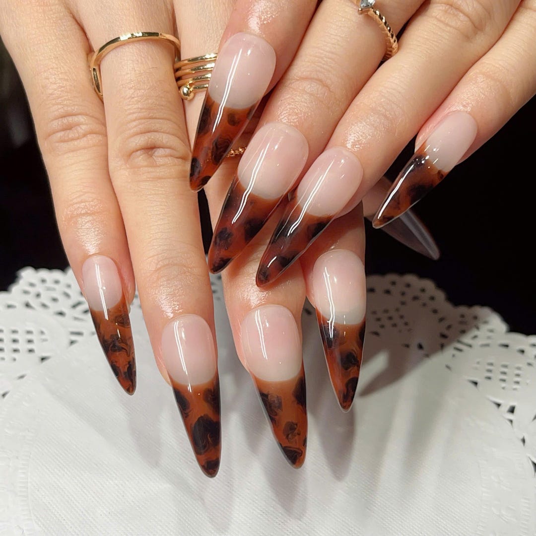 Leopard Print French Tips Press on Nails - Luxury Reusable Handmade ...